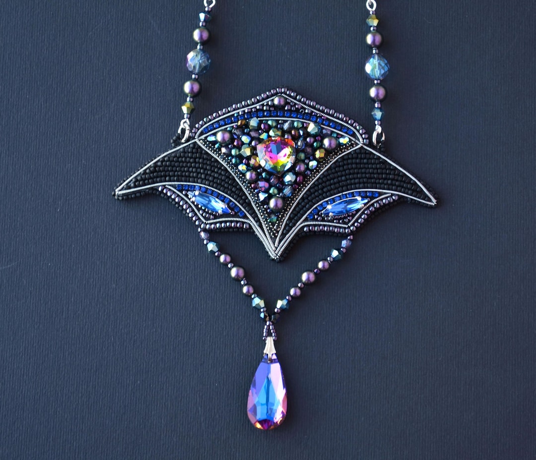 Black Gothic Necklace With Crystals and Beads, Dark Fantasy Statement ...