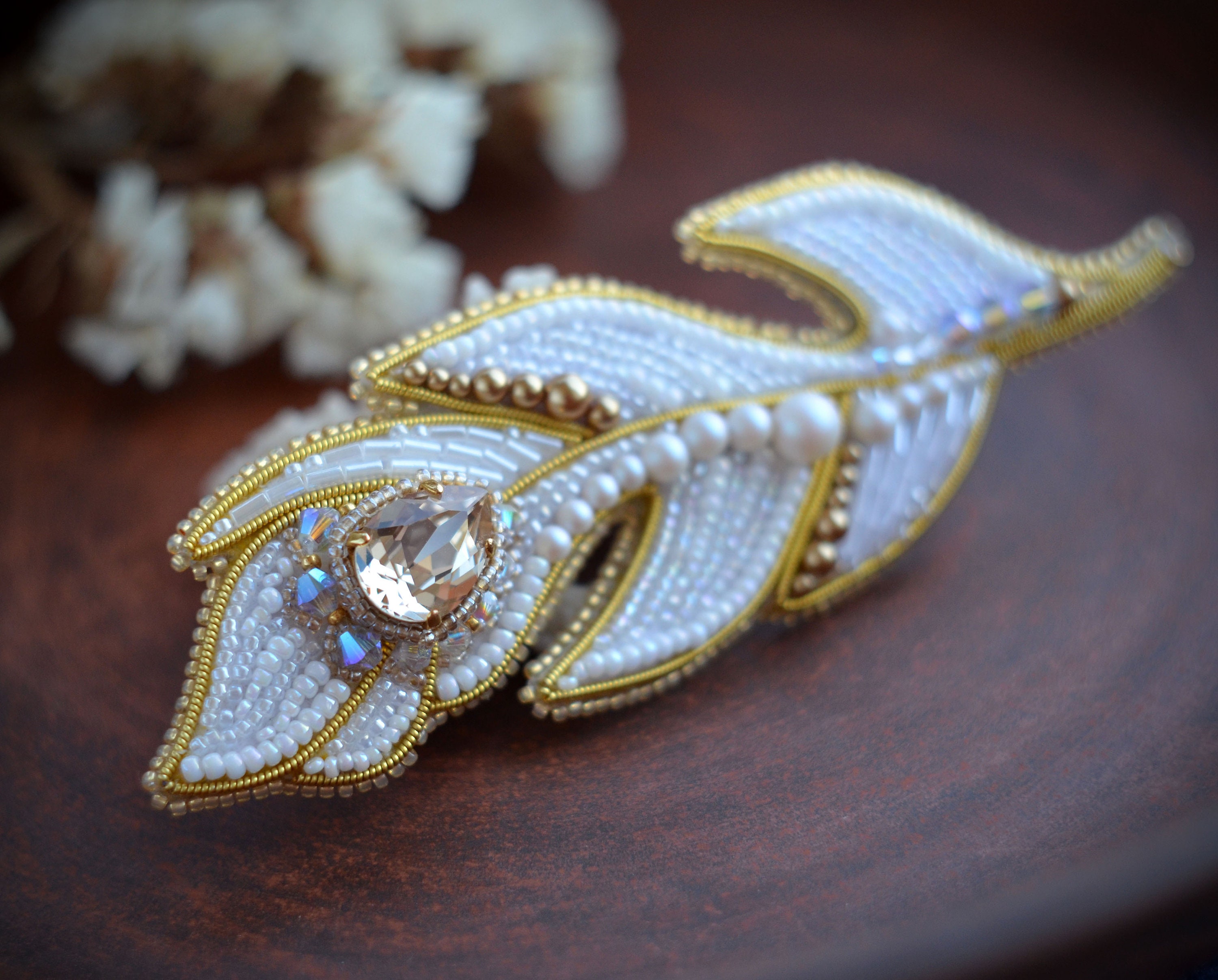 White and Gold Feather Pin Brooch Bead Embroidery Jewelry - Etsy