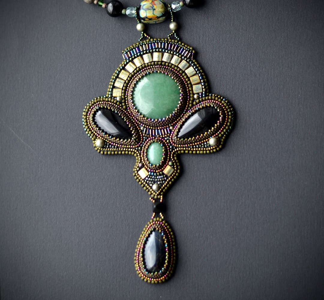 Handmade Jewelry Necklace Statement Bead Embroidery Pendant Beaded ...