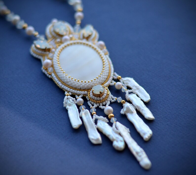 Beaded Mother of Pearl Pendant Necklace: White & Gold Fringe, OOAK ...