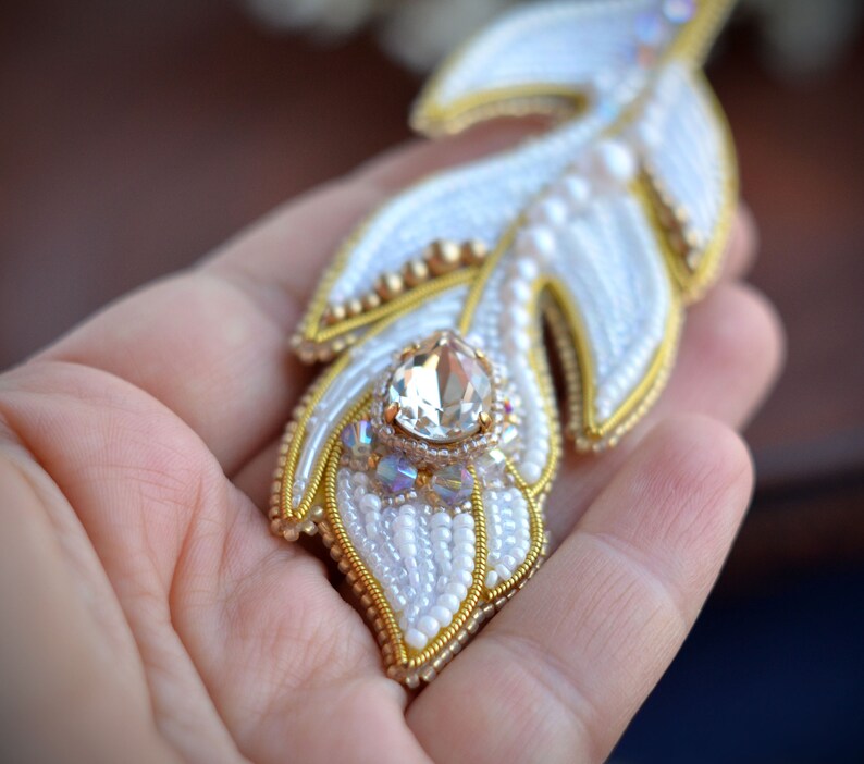 White and Gold Feather Pin Brooch Bead Embroidery Jewelry - Etsy