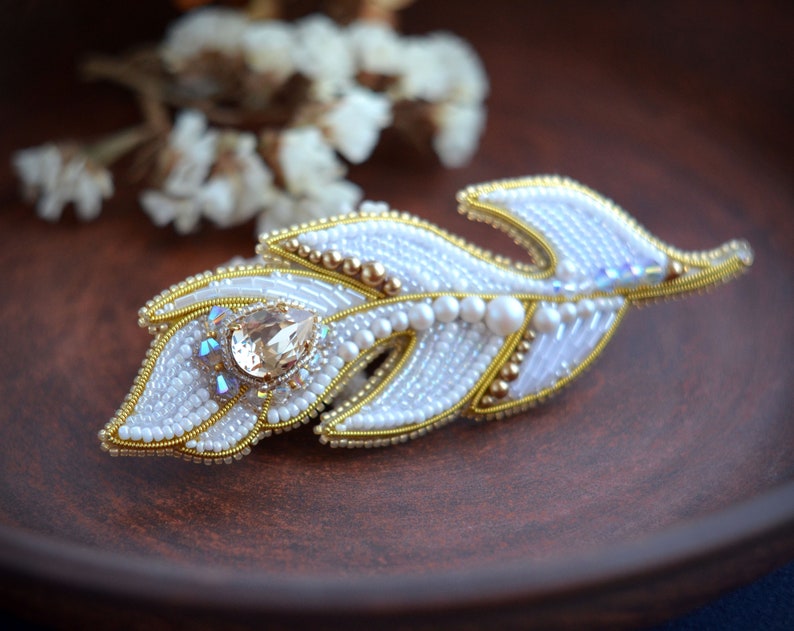 White and Gold Feather Pin Brooch Bead Embroidery Jewelry - Etsy