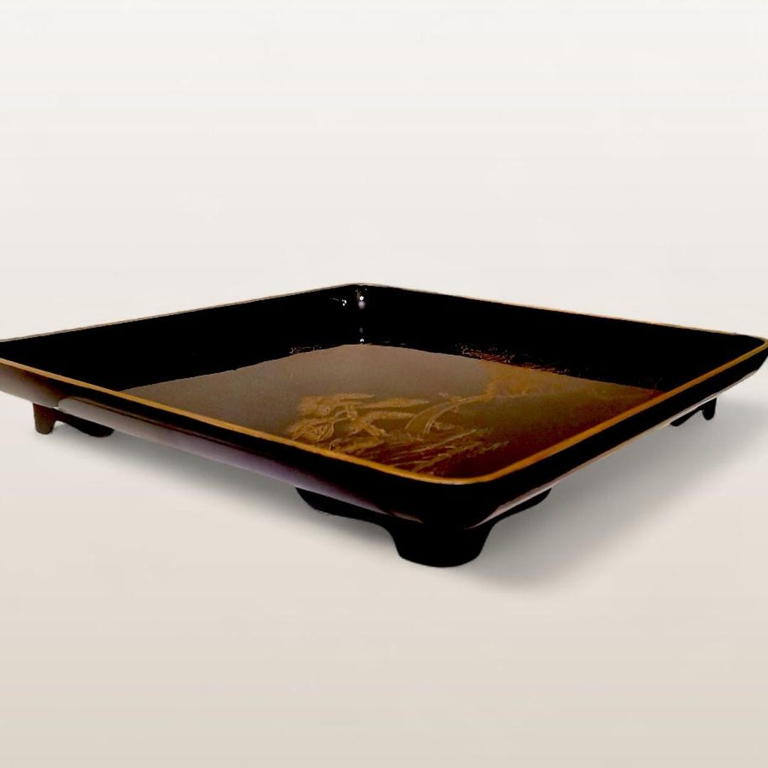 Vintage Wajima Lacquer Tray, Gold Chinkin Japanese Landscape, 14.5 Inch ...