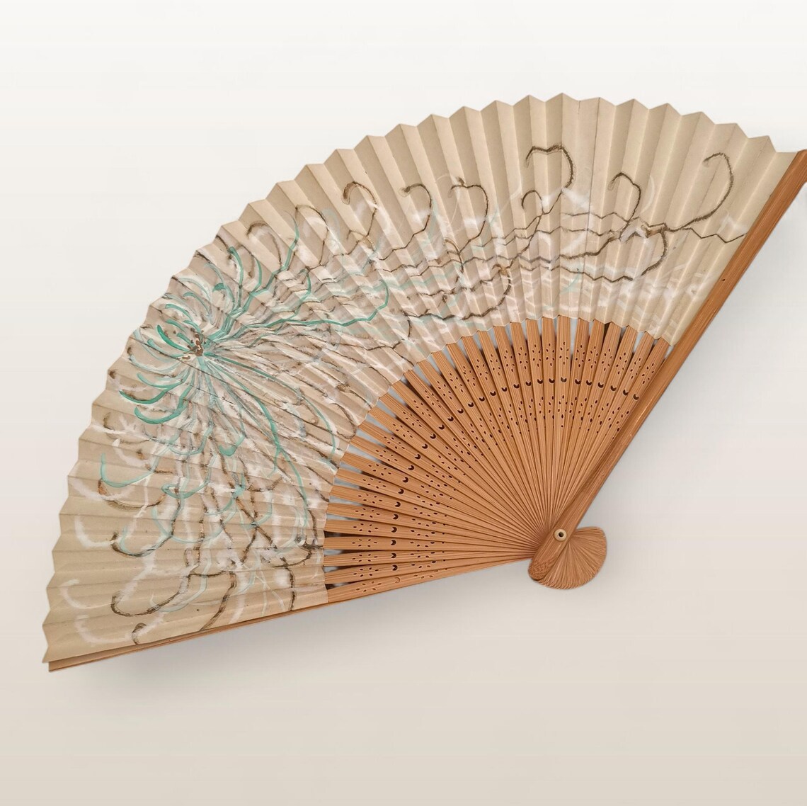 Vintage Japanese Sensual Folding Fan, Handpainted Floral Design, Bamboo ...