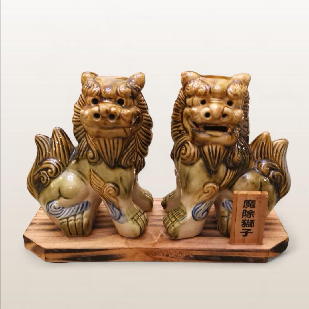 Okinawa Shi Shi Lion Ceramic Statue Pair, Hand-painted Chinoiserie ...