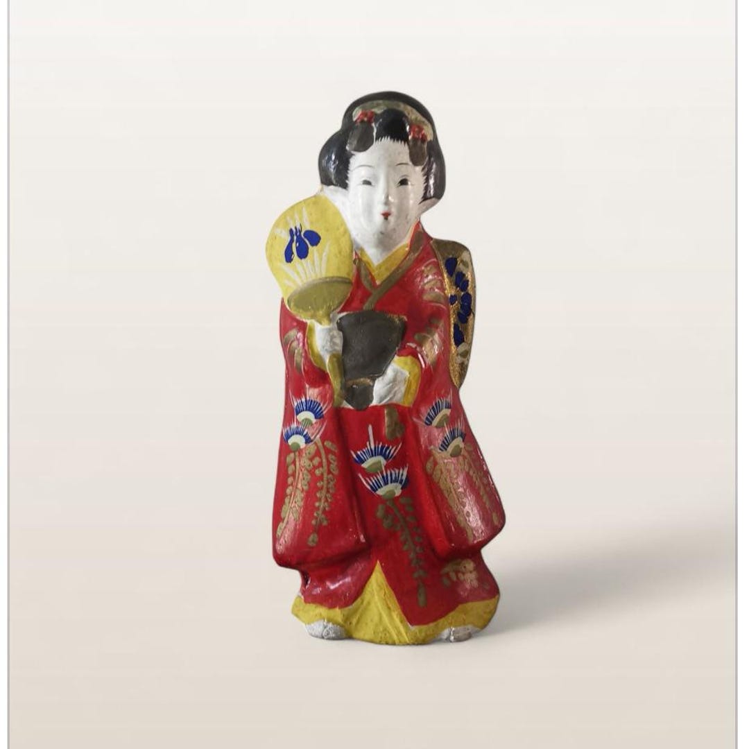 Antique Fushimi Clay Doll, Tamba Japanese Figurine, Red Kimono, Dancing ...
