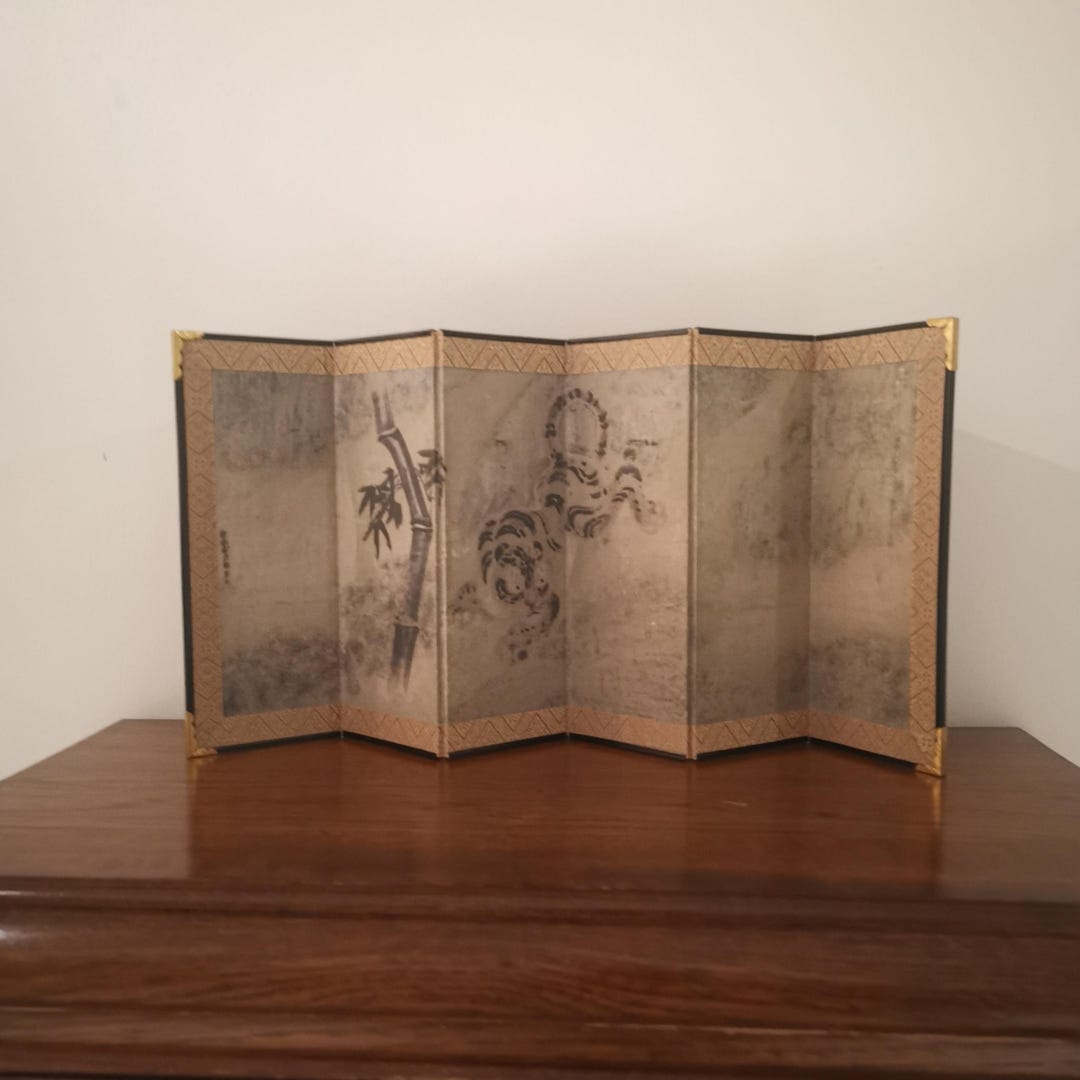 Vintage Small Japanese Folding Screens, Joined Panels Screen, Tiger ...