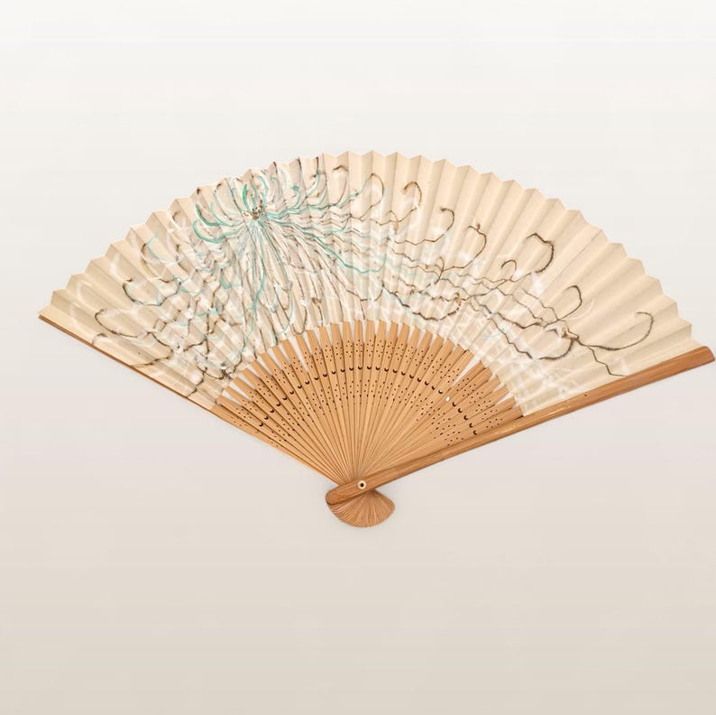 Vintage Japanese Sensual Folding Fan, Handpainted Floral Design, Bamboo ...