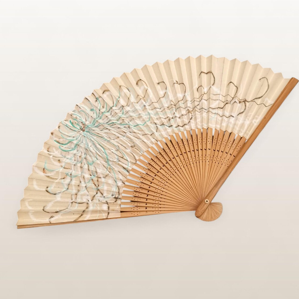 Vintage Japanese Sensual Folding Fan, Handpainted Floral Design, Bamboo ...