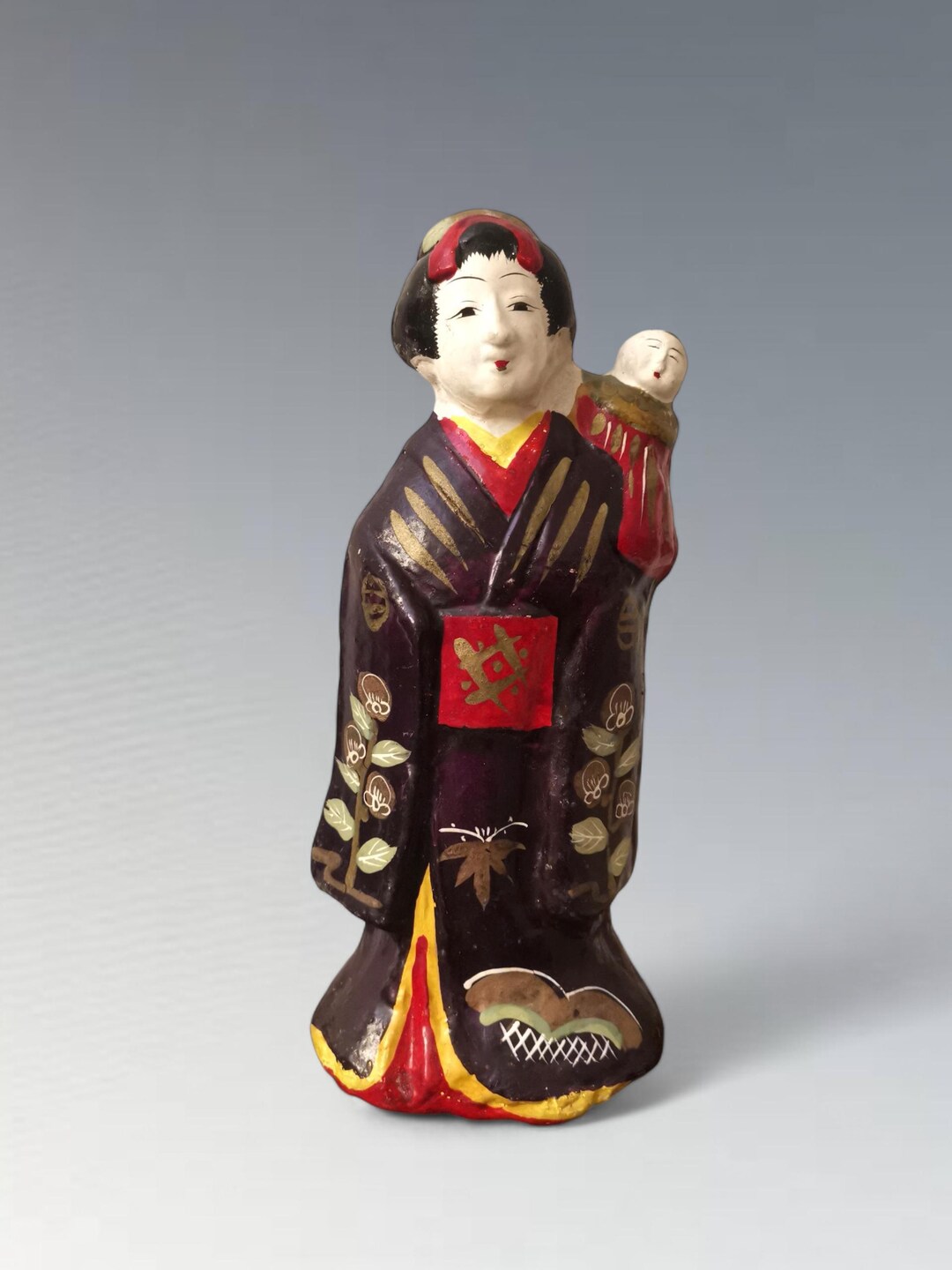 Antique Japanese Inabata Clay Doll, Mother and Baby, Edo Paper Marche ...