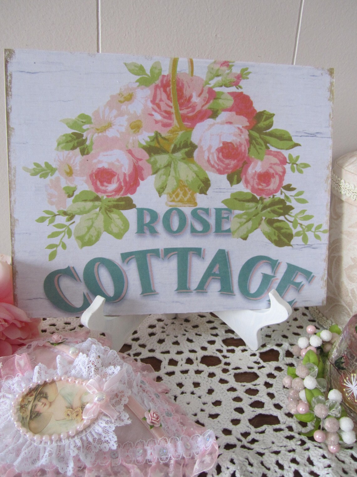 Shabby Rose Cottage Sign Pink Roses - Etsy