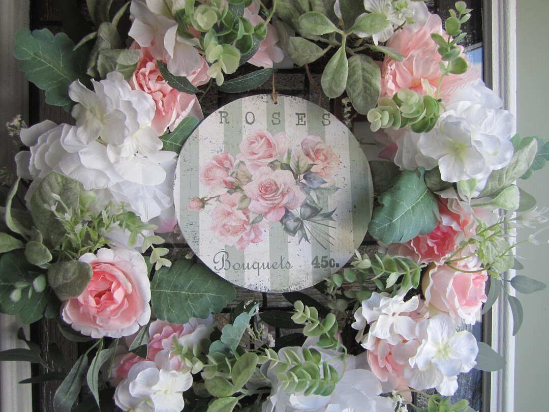 Shabby Pink Roses Wreath Sign Door Decoration - Etsy