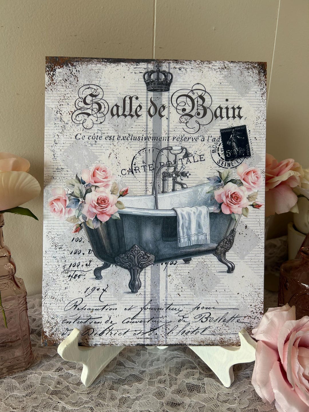 Shabby French Bathroom Sign Vintage Pink Rose Bathtub - Etsy