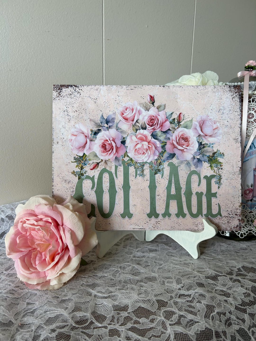 Shabby Rose Cottage Sign Pink Roses Wall Hanging - Etsy