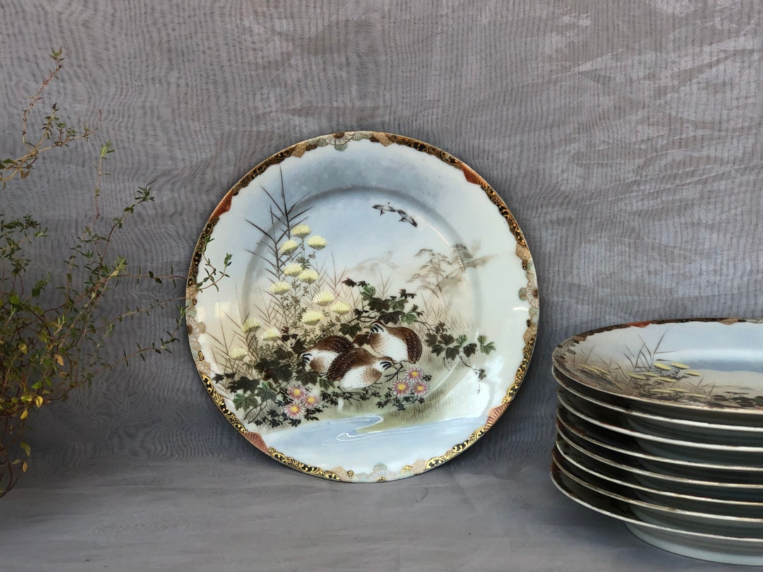 Antique Japanese Porcelain Dessert Plate Set of 8 Hand-painted Kutani ...