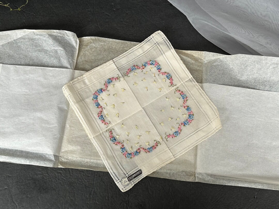 Vintage Swiss Cotton Handkerchief With Floral Embroidery Unused With ...