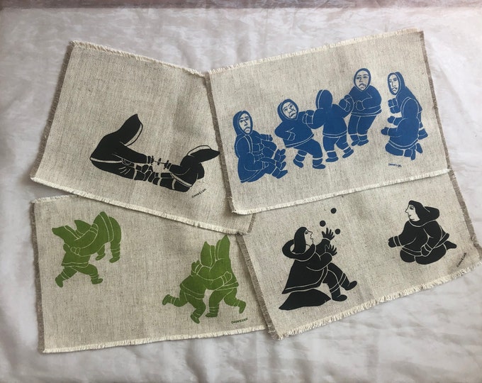 Vintage Holman Inuit Eskimo Art Prints on Burlap Placemats, Artist Mona ...