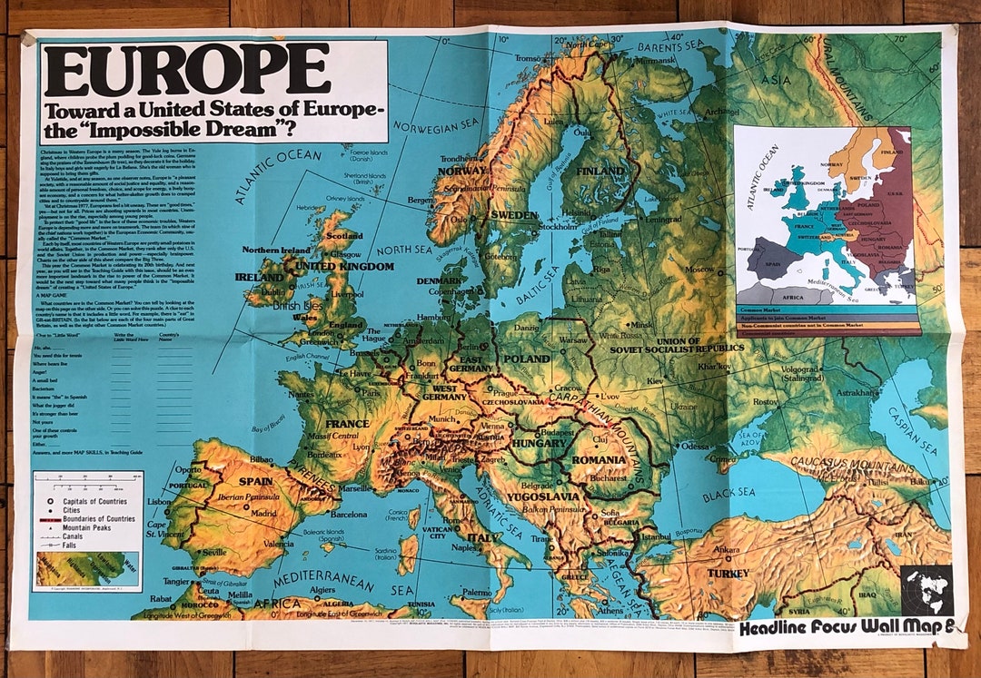Vintage Classroom Wall Map Poster of Europe, 1977 Headline Focus Scholastic School Map Decor ...