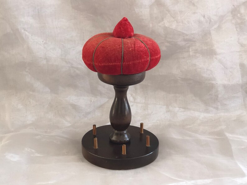 Antique Pin Cushion and Wooden Sewing Thread Spool Holder - Etsy