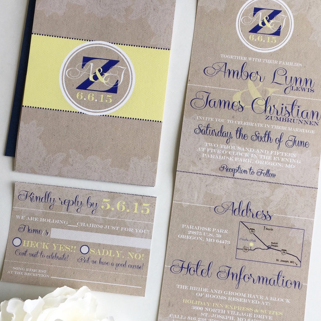 Yellow and Lace | All-n-one Wedding Invitation | Tri-fold With Attached ...