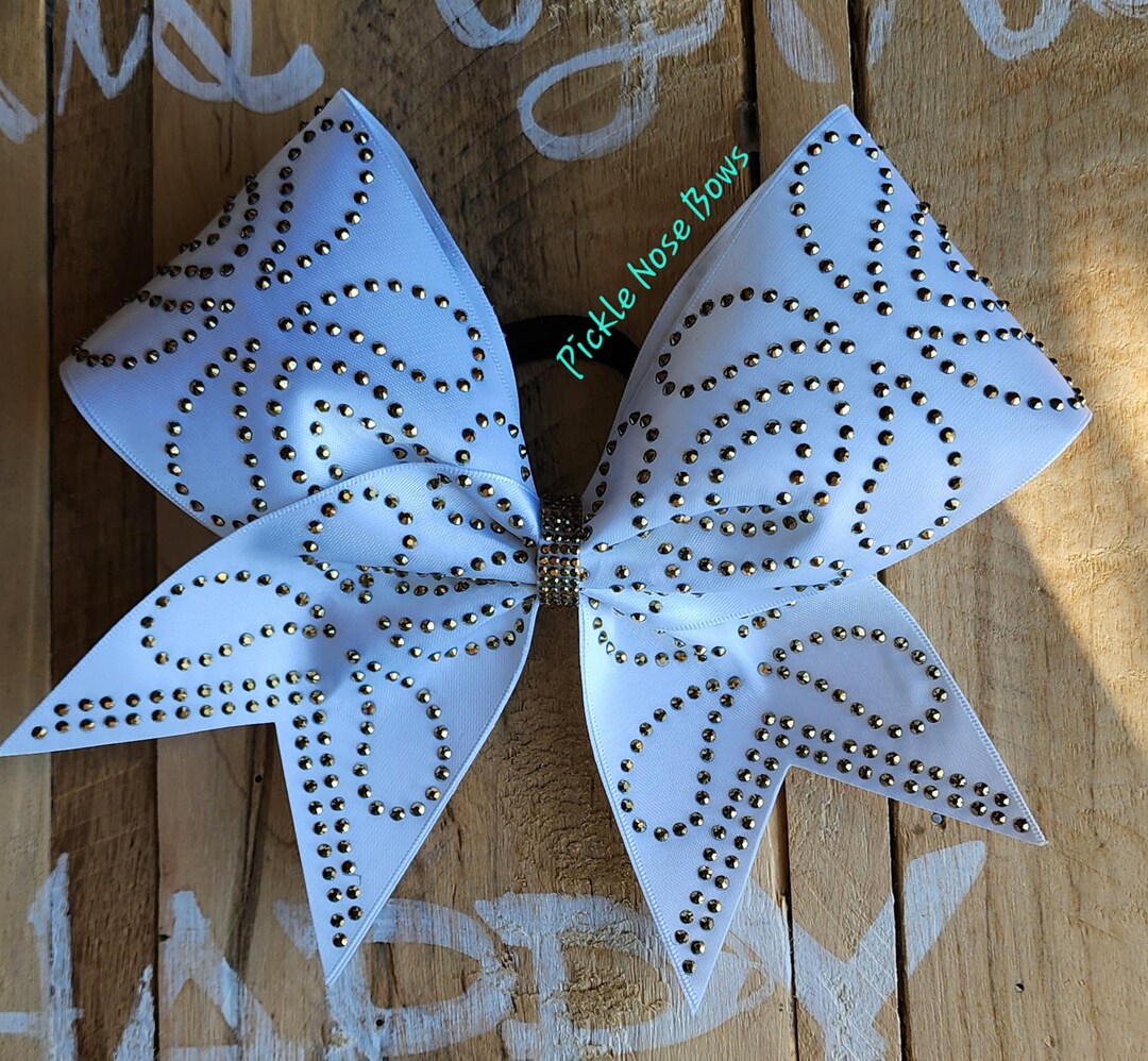 White Satin Double-faced Cheer Bow With Aurum Gold Rhinestone. - Etsy