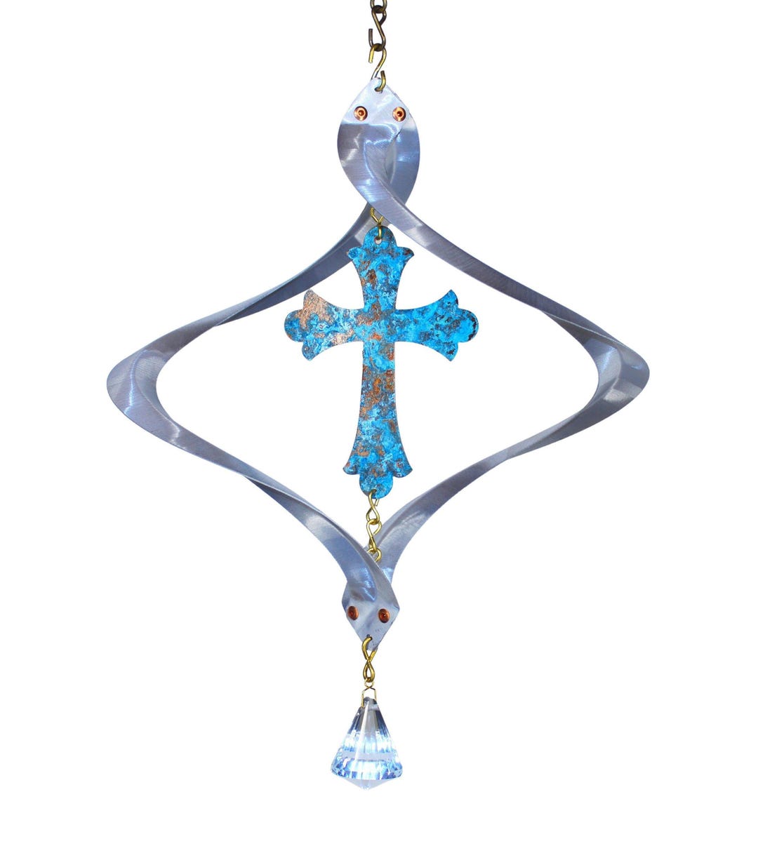 Blue Green Patina Copper Wind Spinner: Cross, Dove, Heart - Etsy