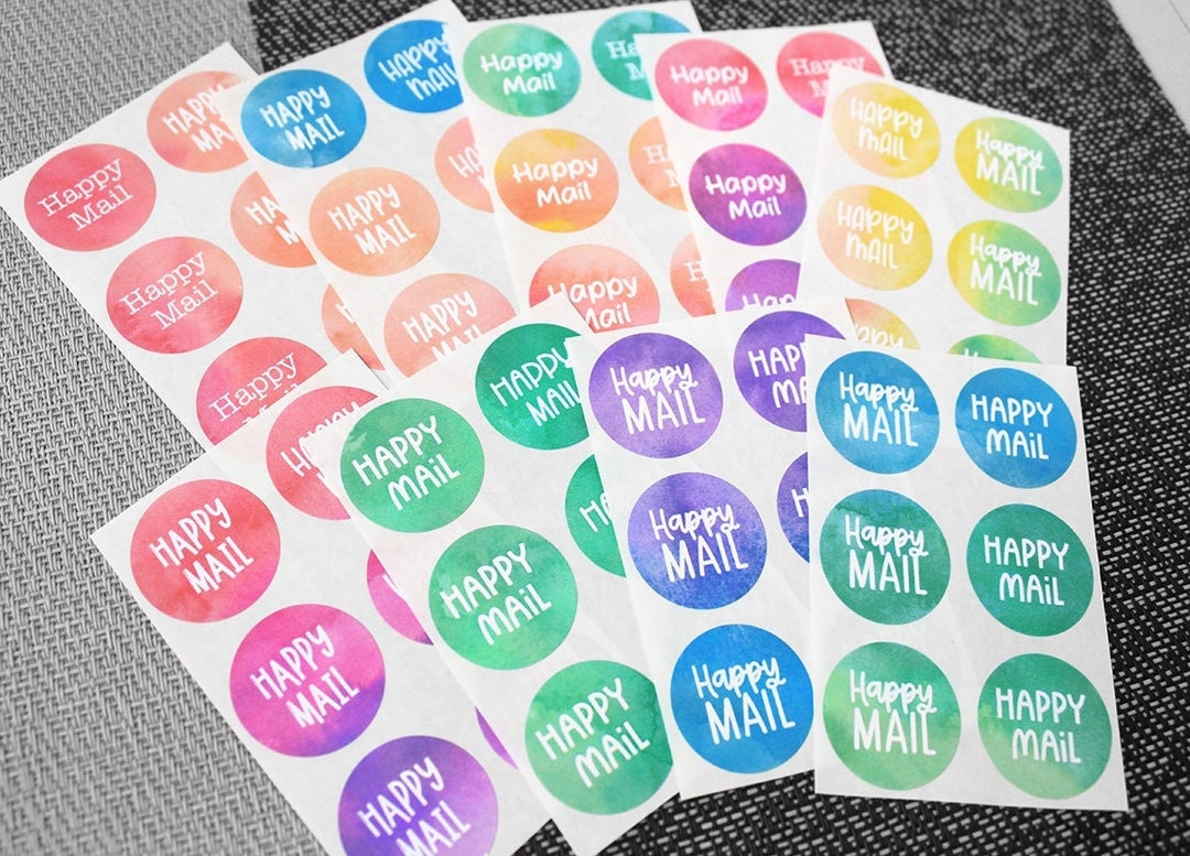 Rainbow Watercolor "happy Mail" 1" Circle Easy Peel Sheet 54 Psc. # ...