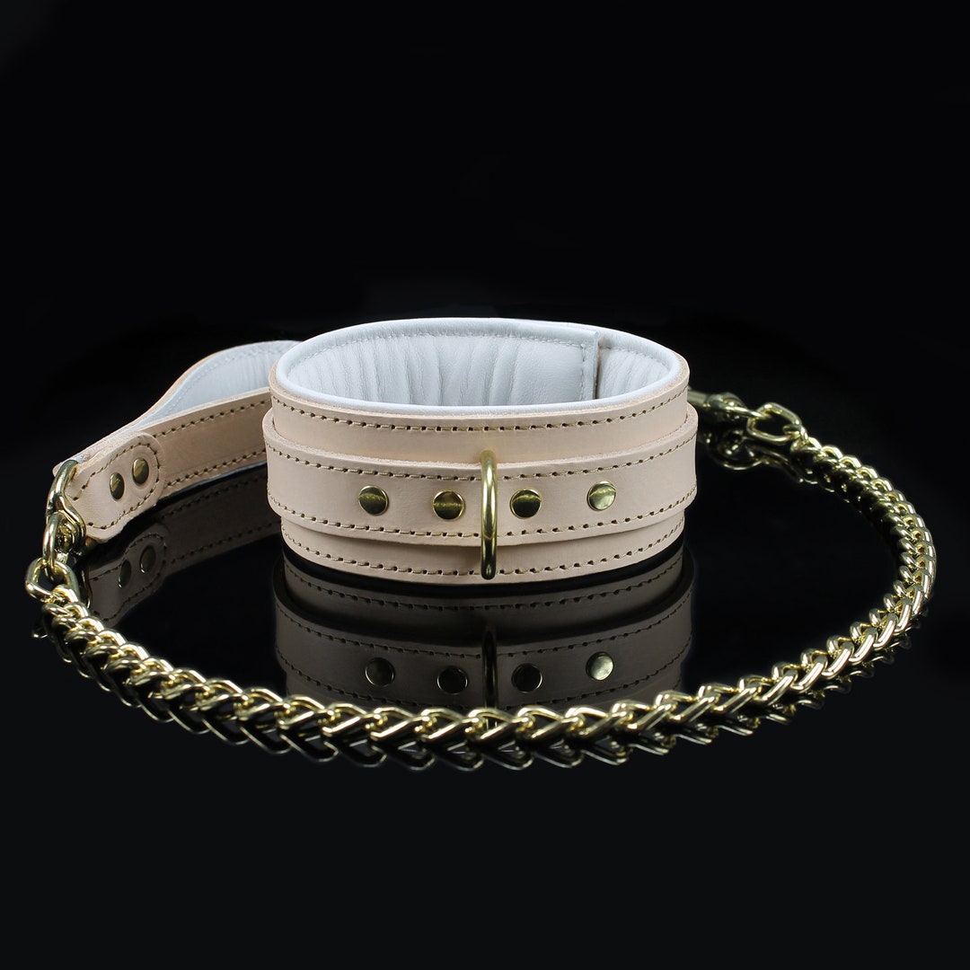 BDSM Locking Collar and Leash | White & Tan Options | Galen Bondage ...