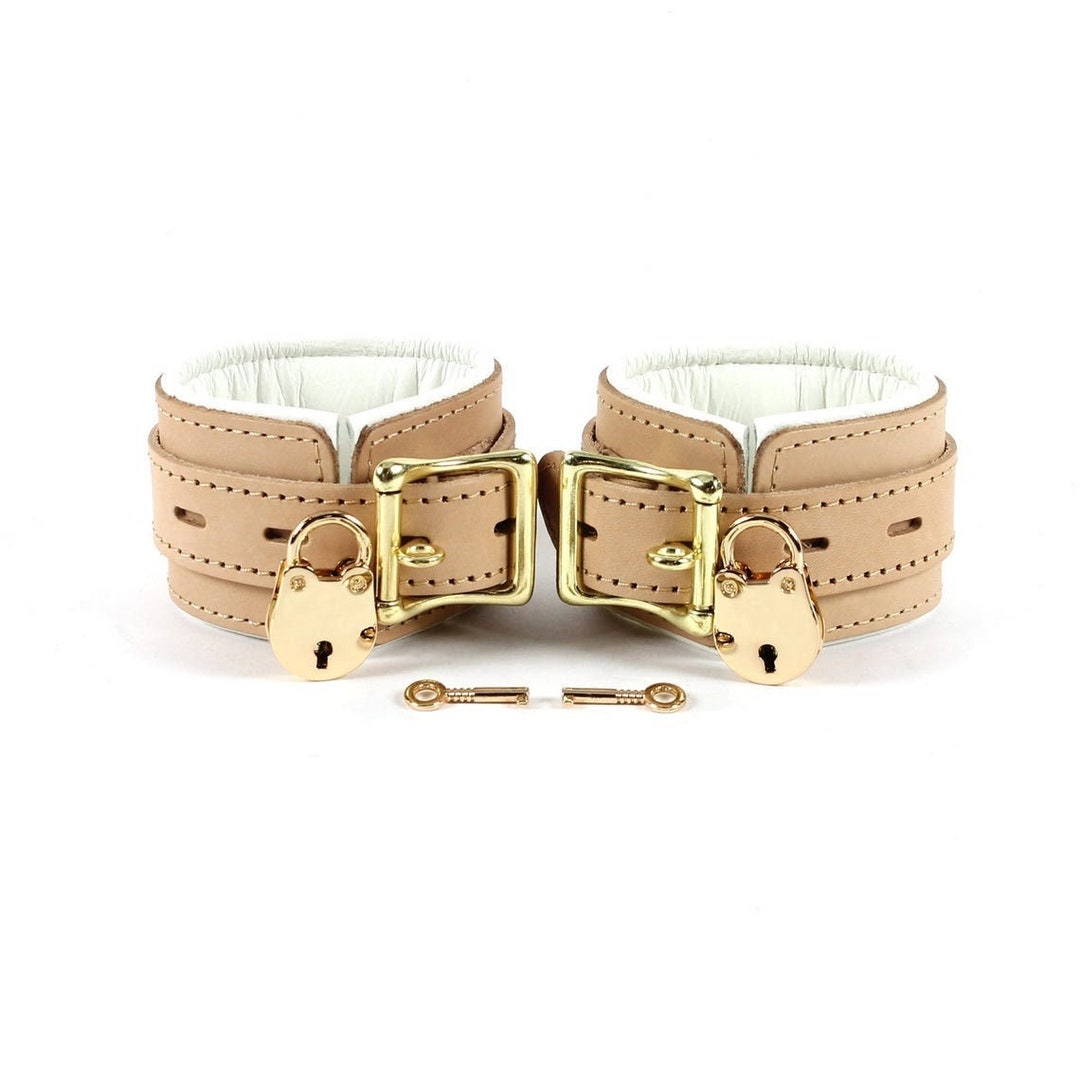 BDSM Ankle & Wrist Cuffs | Locking Bondage Restraints | White and Tan ...