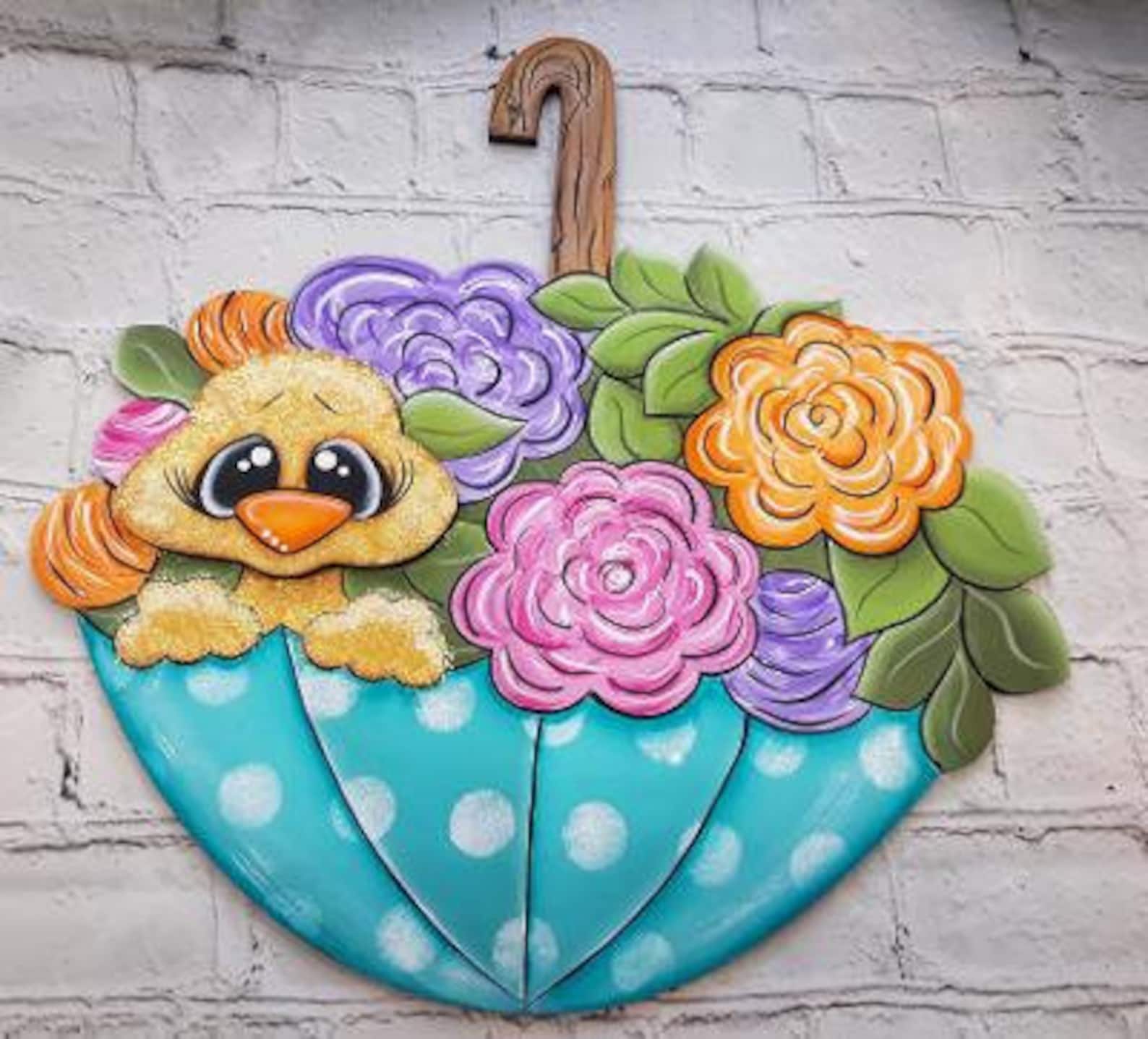 Spring Flower Umbrella, Duck and Floral Sign, Easter Wreath Attachment ...
