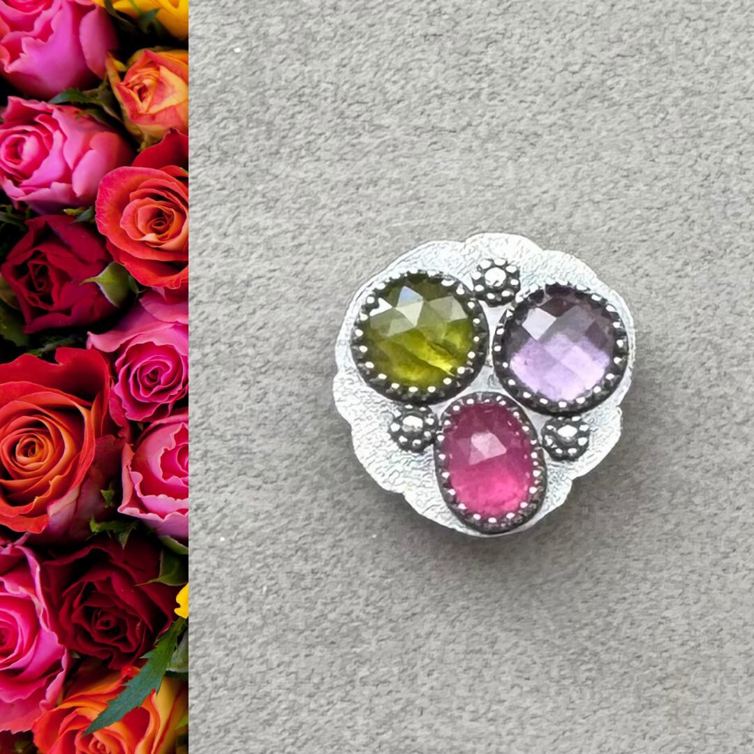Artisan Gemstone Button, Rose Cut Sapphire, Amethyst and Vesuvianite ...