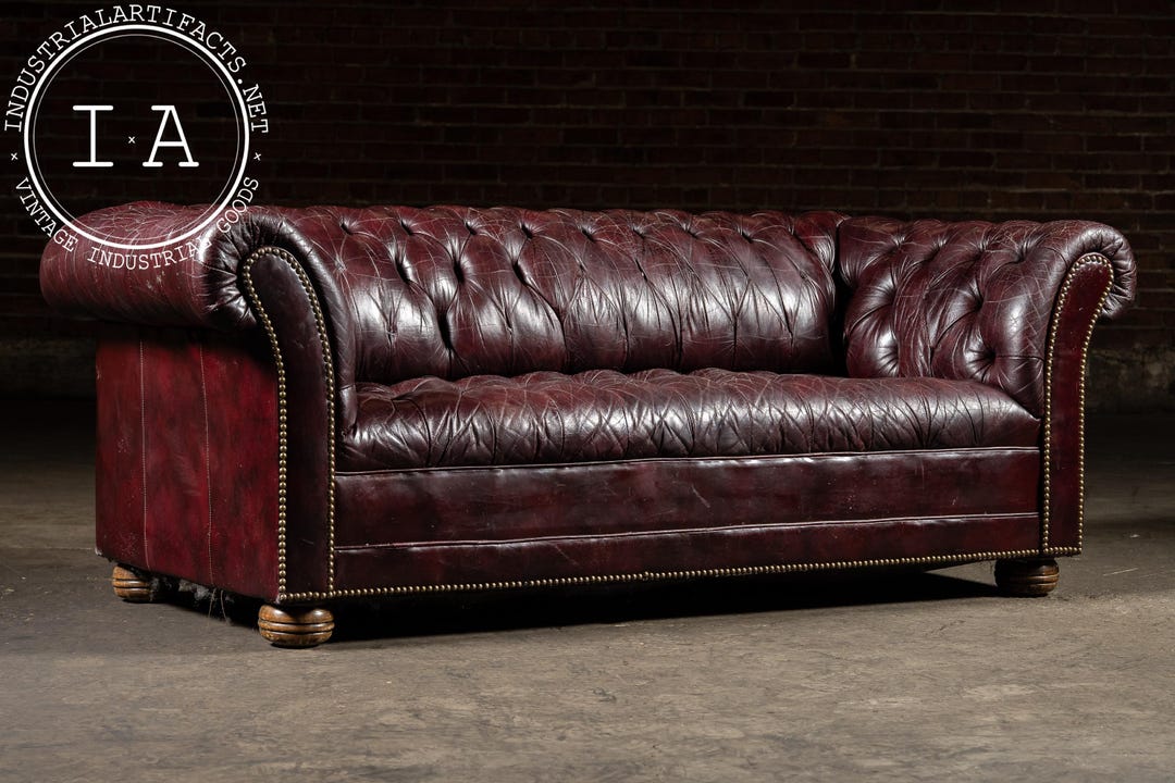 Deep Oxblood Leather Chesterfield Sofa With Nailhead Trim - Etsy