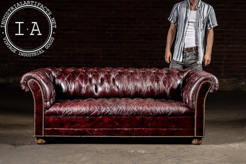Deep Oxblood Leather Chesterfield Sofa With Nailhead Trim - Etsy
