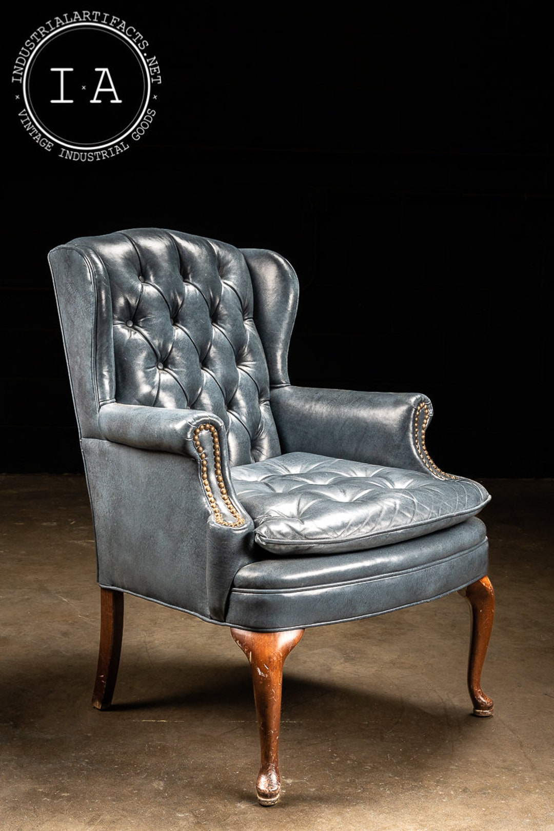 Vintage Tufted Leather Wingback Chair in Blue - Etsy