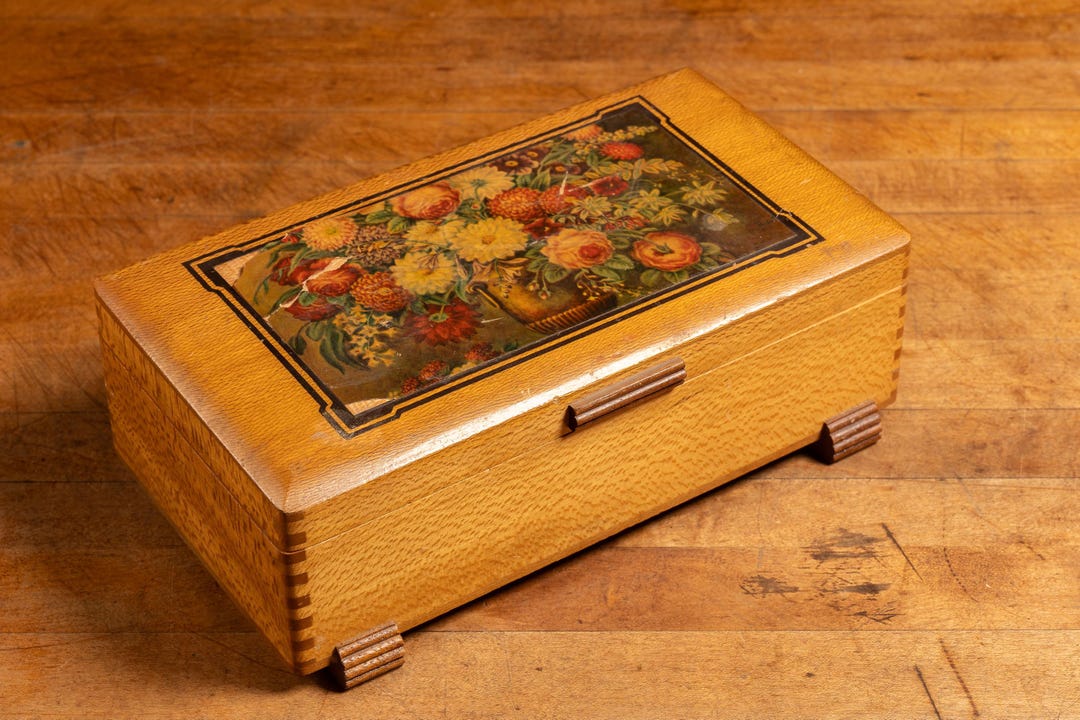 Antique Maple Comb Joint Box With Floral Print Motif - Etsy