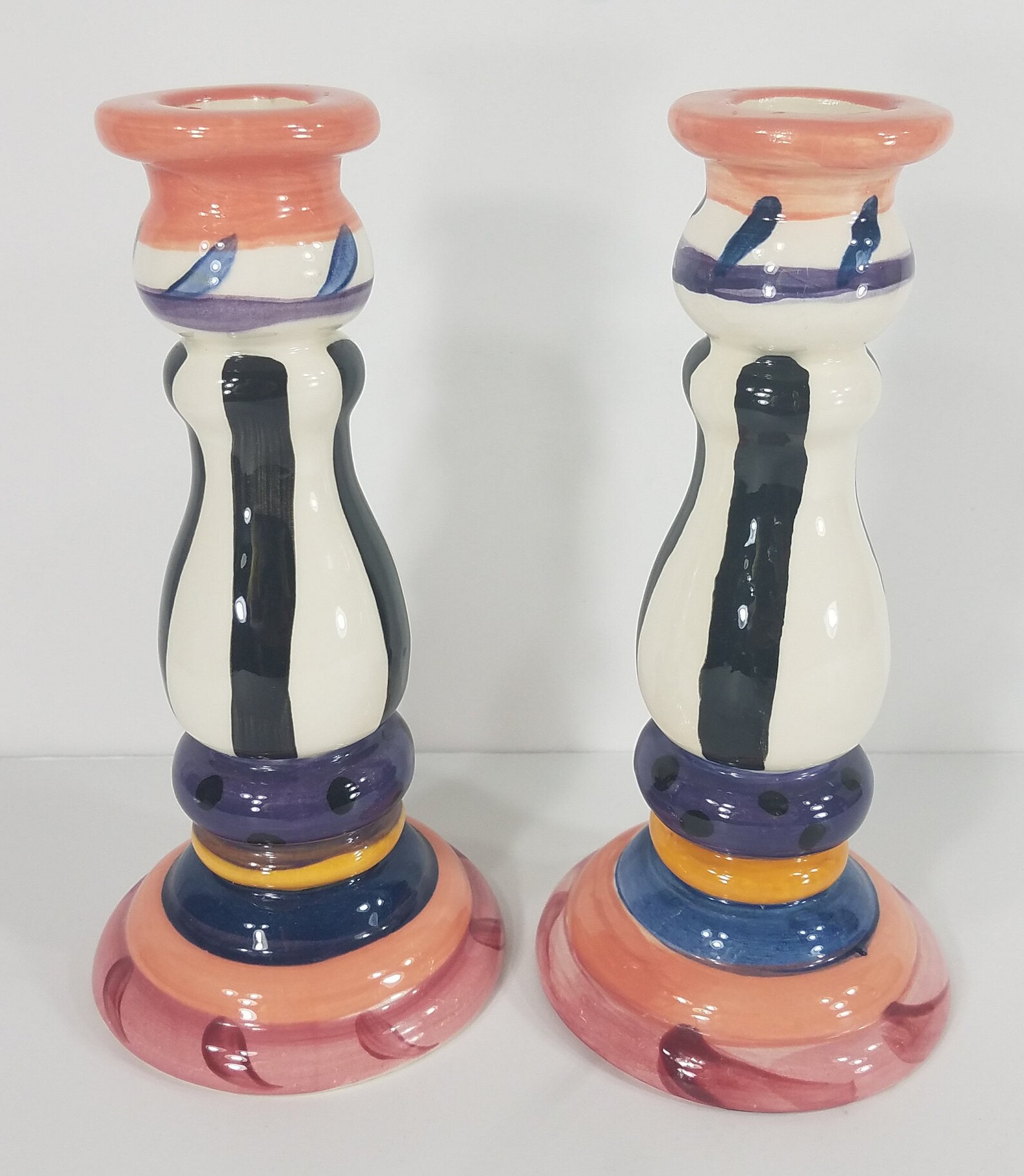 Set of 2 Vicki Carroll Hand Painted Colorful Ceramic Candlesticks ...