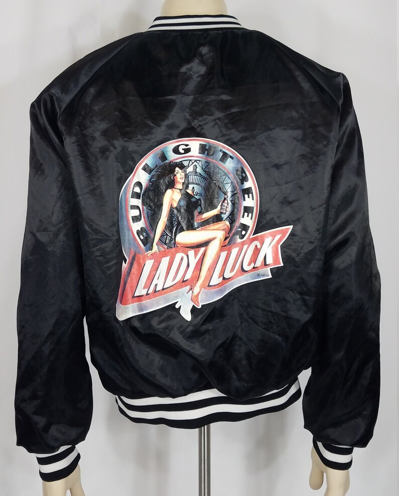 Black Bud Light Lady Luck Pin up Girl Snap Button Bomber Jacket Medium ...