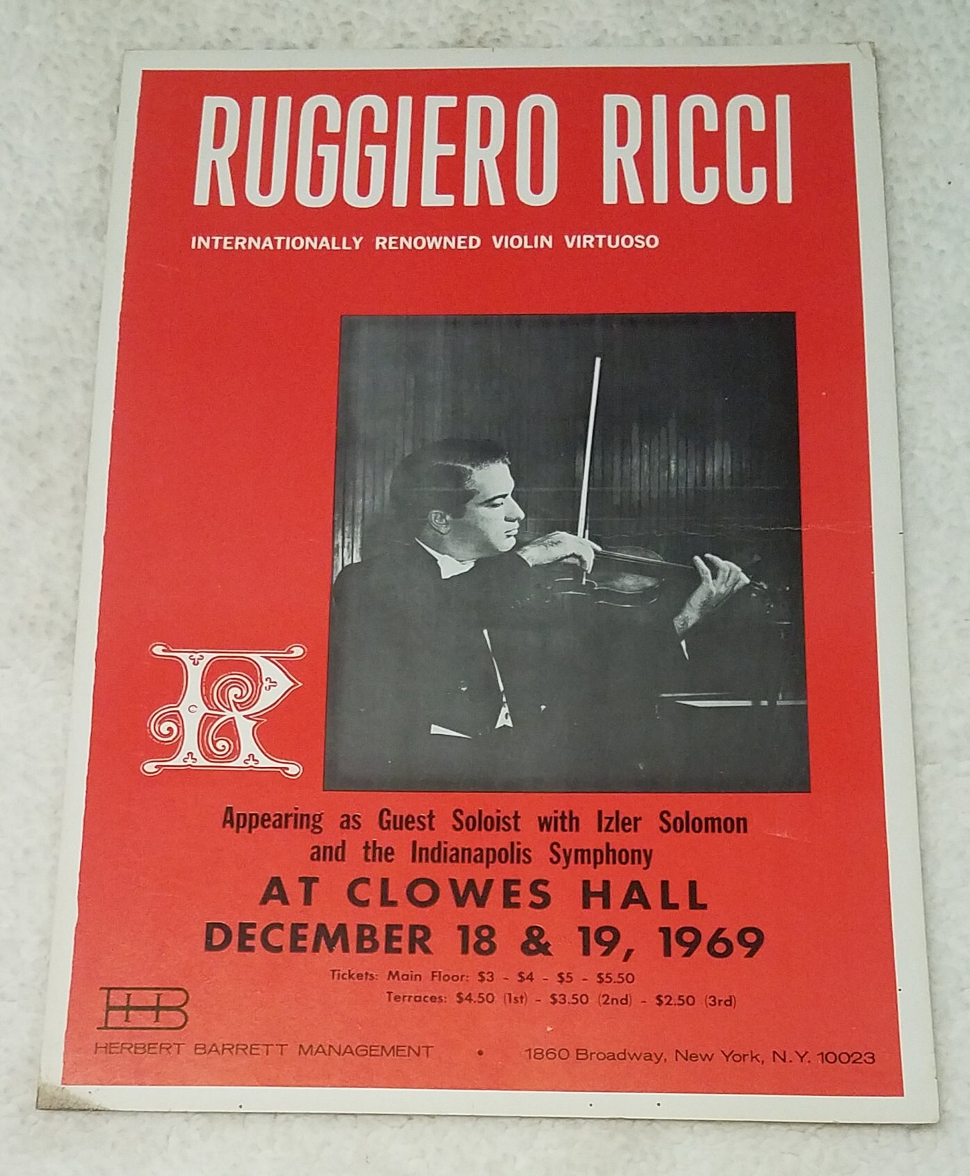 Ruggiero Ricci Clowes Hall Butler University 1969 19"x13" Window Card ...
