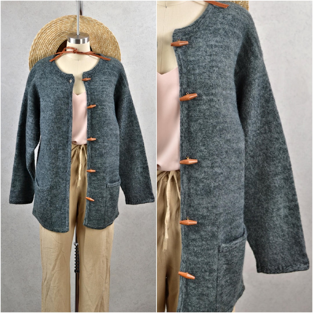 Russ Pure Wool Marled Gray Wooden Toggle Button Down Cardigan Sweater ...