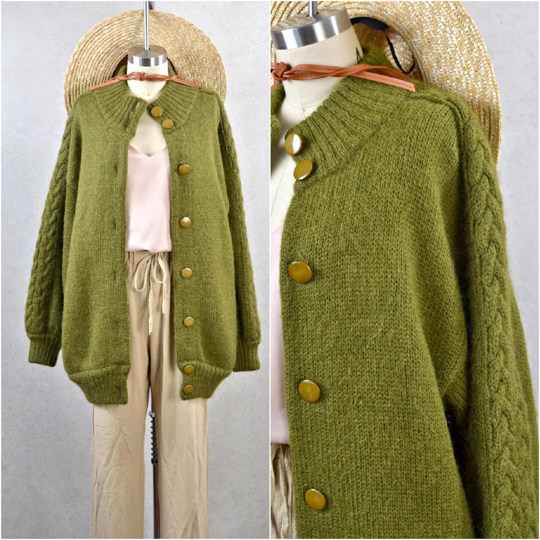 Avocado Green Fuzzy Wool Mohair Blend Oversized Chunky Cardigan Jacket ...