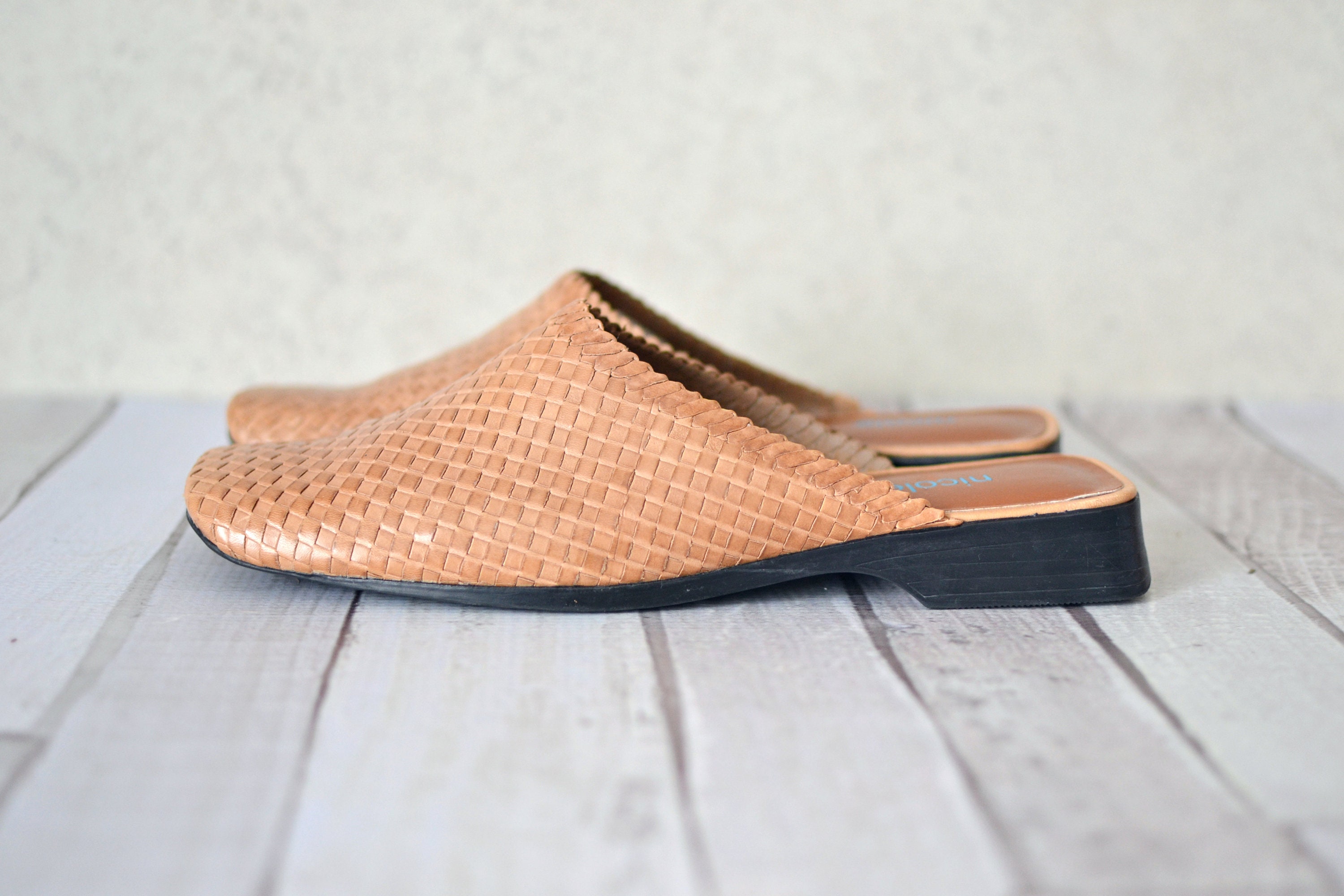 Cognac Brown Leather Woven Square Toe Slides . 90s Vintage . 7M - Etsy