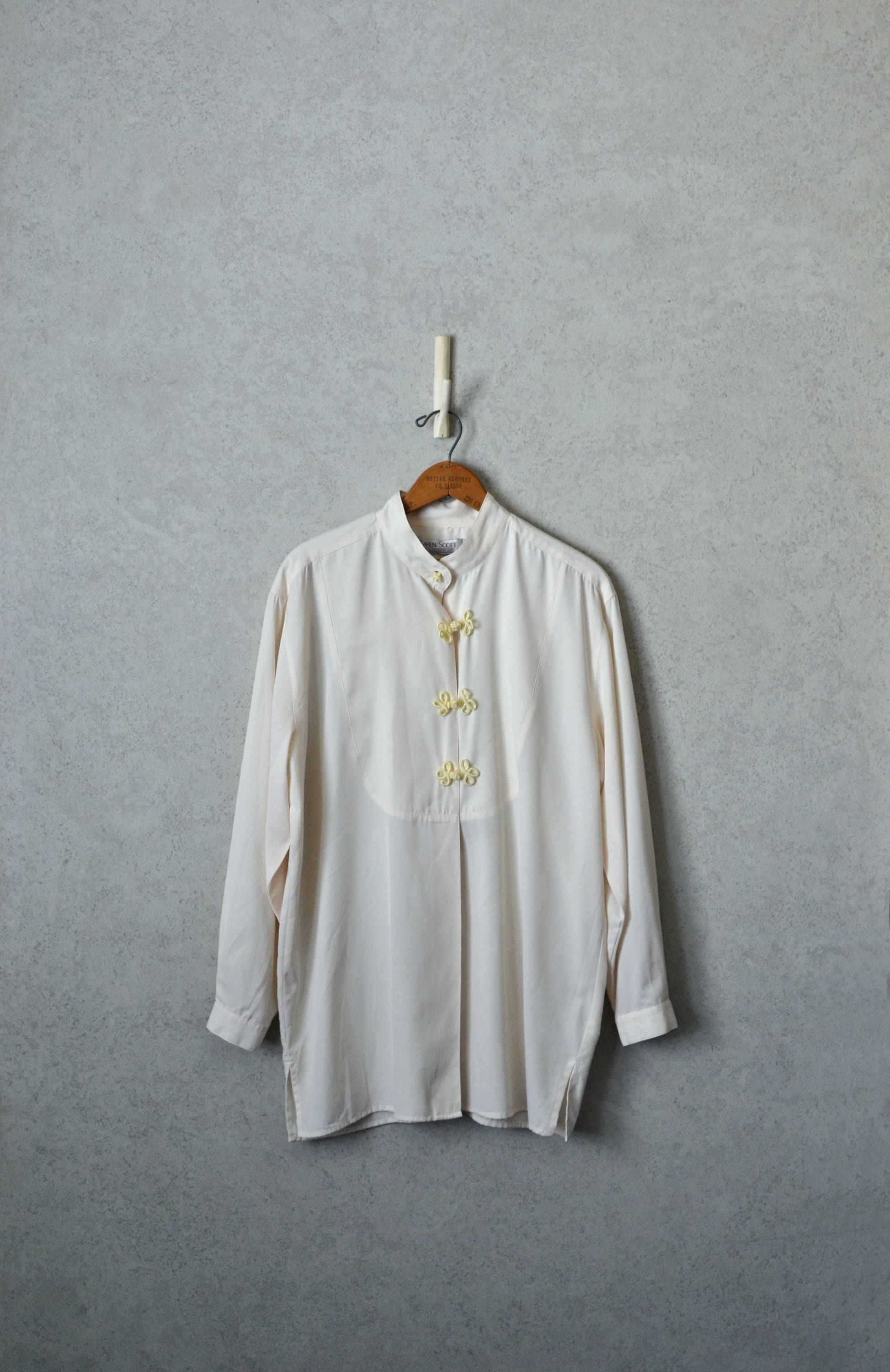 Satiny Ivory Rope Frog Toggle Button Mandarin Collar Tunic Blouse . 90s ...