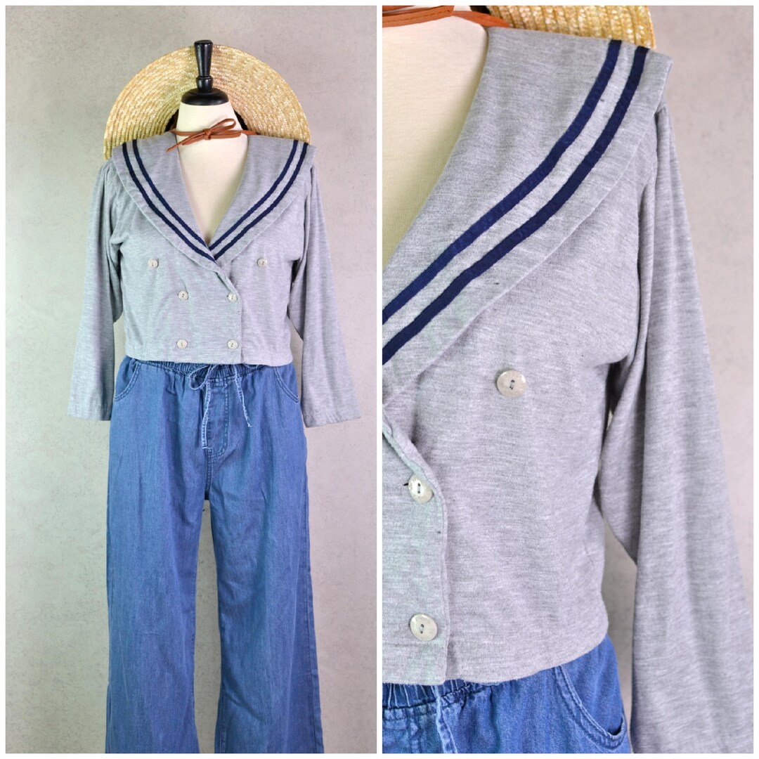 Sailor Collar Jersey Knit Marled Gray Navy Ribbon Trim Slouchy Cropped ...