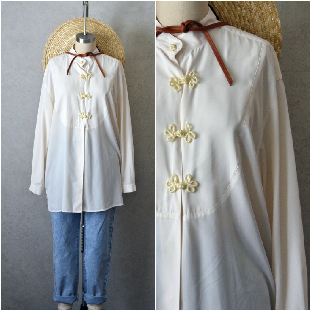 Satiny Ivory Rope Frog Toggle Button Mandarin Collar Tunic Blouse . 90s ...