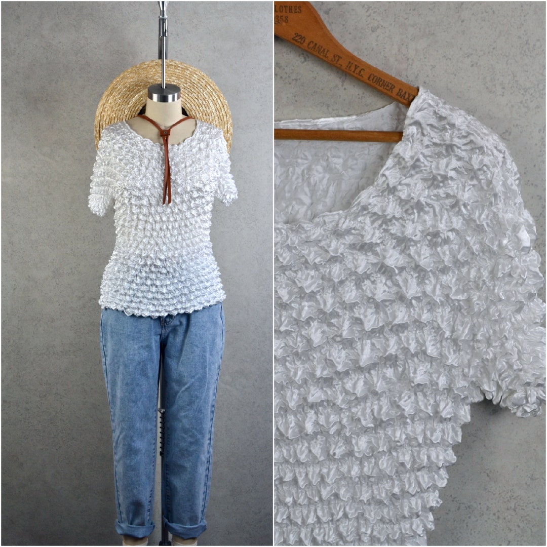 Solid White Popcorn Pop Over Stretchy Scrunch Short Sleeve Blouse . Y2k ...