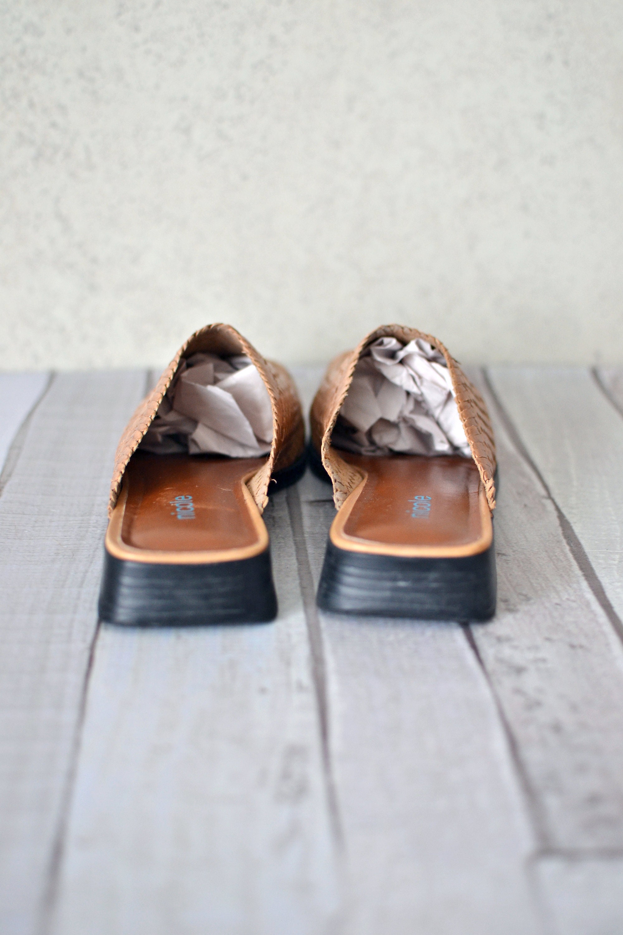 Cognac Brown Leather Woven Square Toe Slides . 90s Vintage . 7M - Etsy