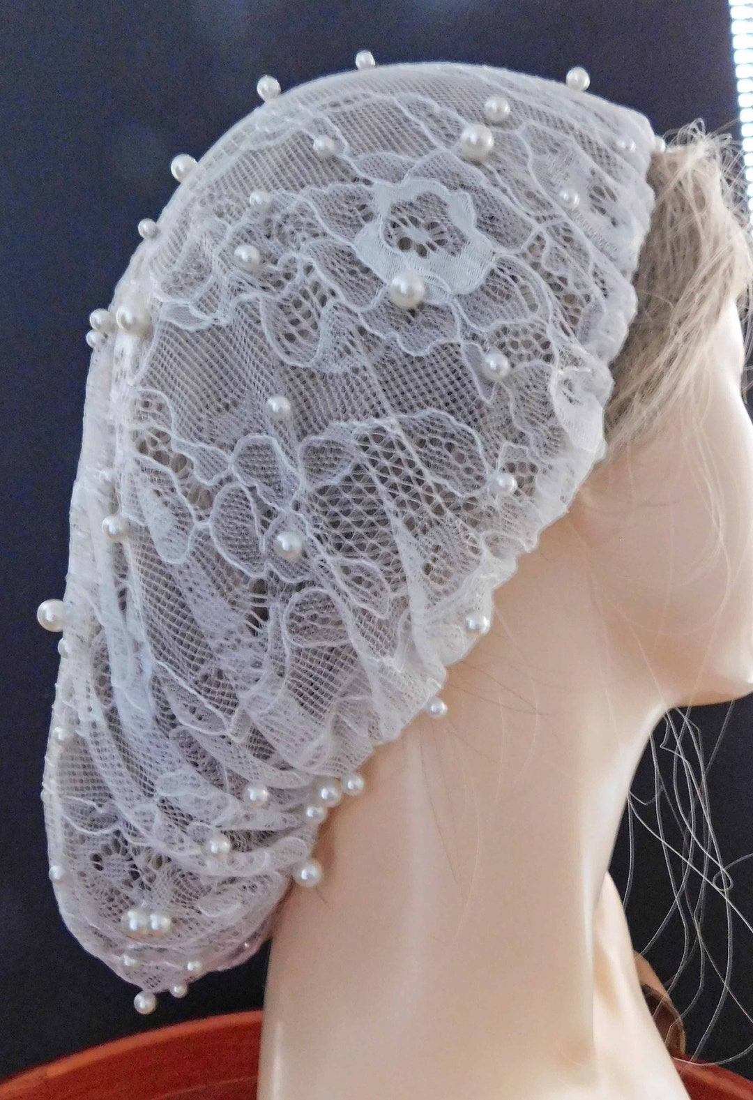 WHITE Pearl SNOOD Head Covering . Adjustable . Fits Most . Gift ...