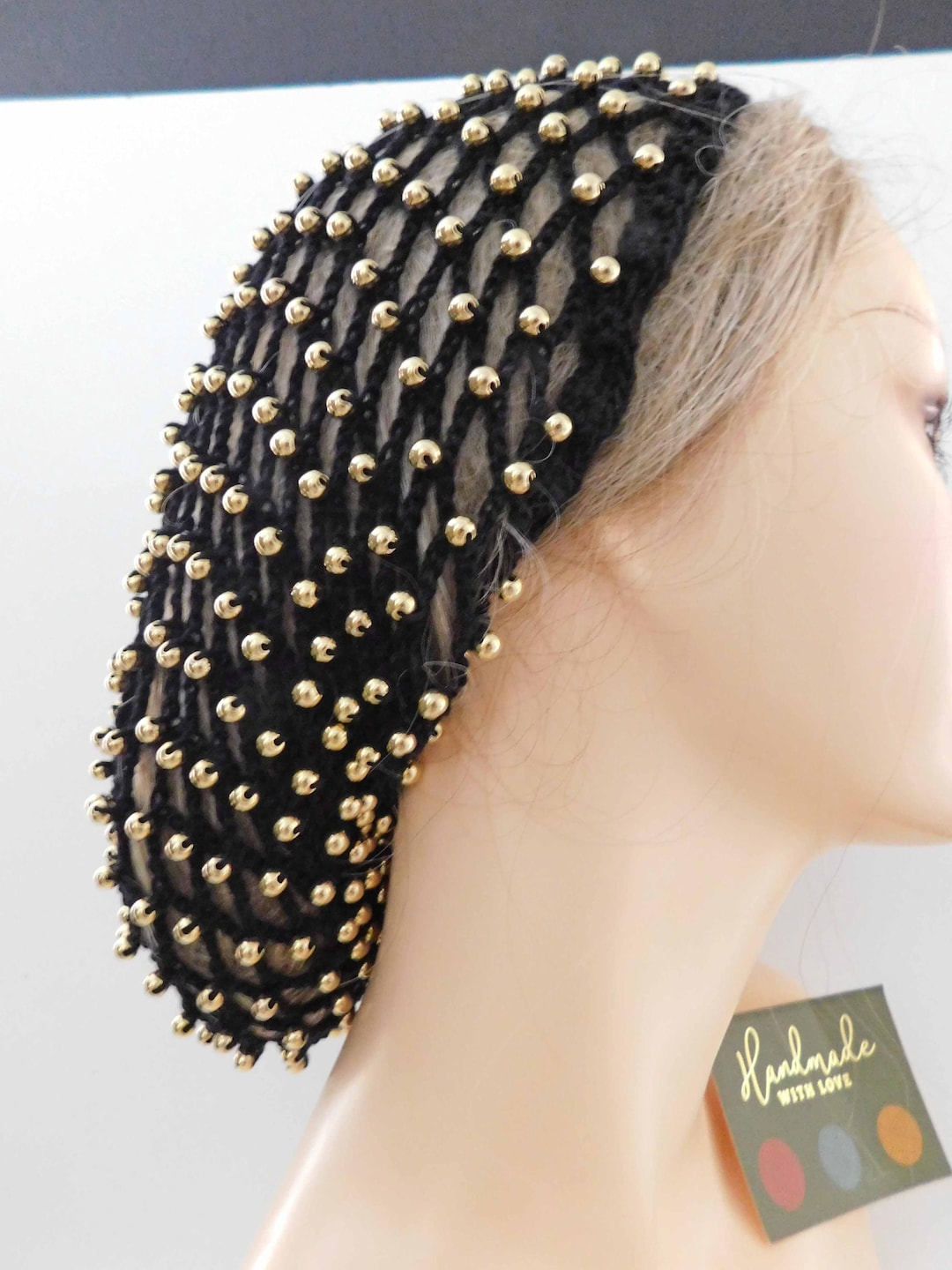 BEADED Black SNOOD Hair Net Head Covering . Long Hair . Gold Beads All ...