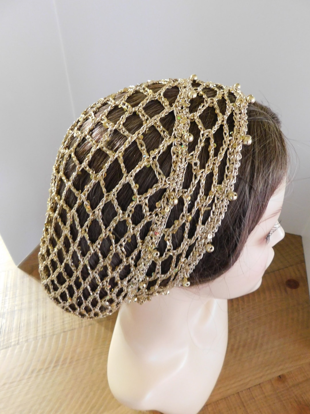 Gold Metallic Snood Hair Net Head Covering . Soft Sequins . Beads ...