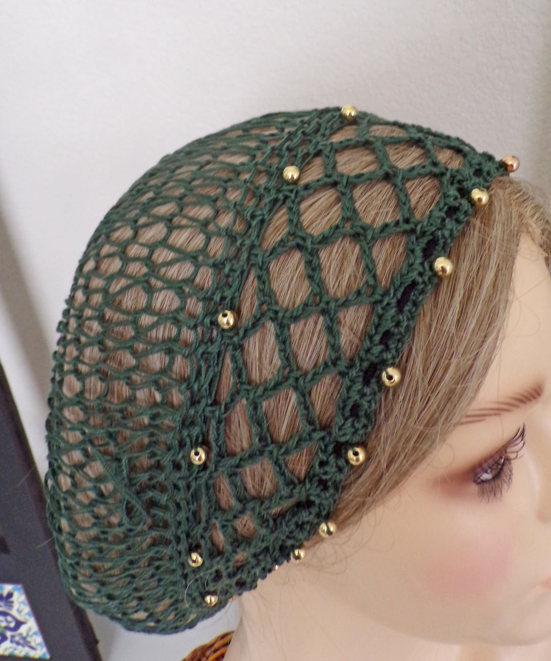 2 Pc. Green Snood Hair Net Head Cover . Long Hair . Gold Beads . Double ...